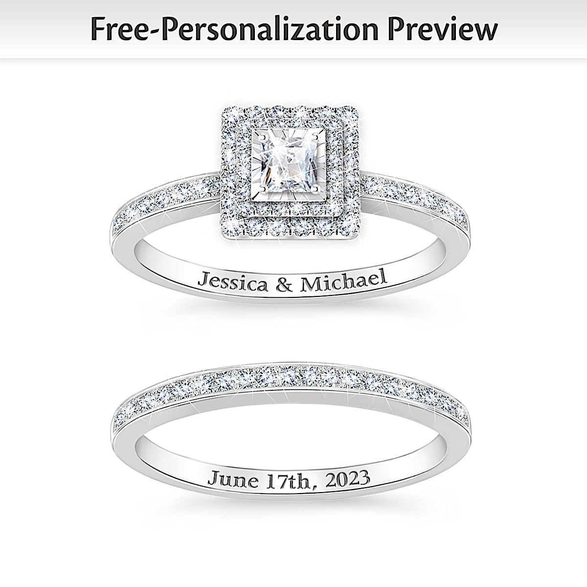 Womens Personalized Platinum-Plated Engagement Ring And Wedding Band Ring Set Adorned With Diamonds